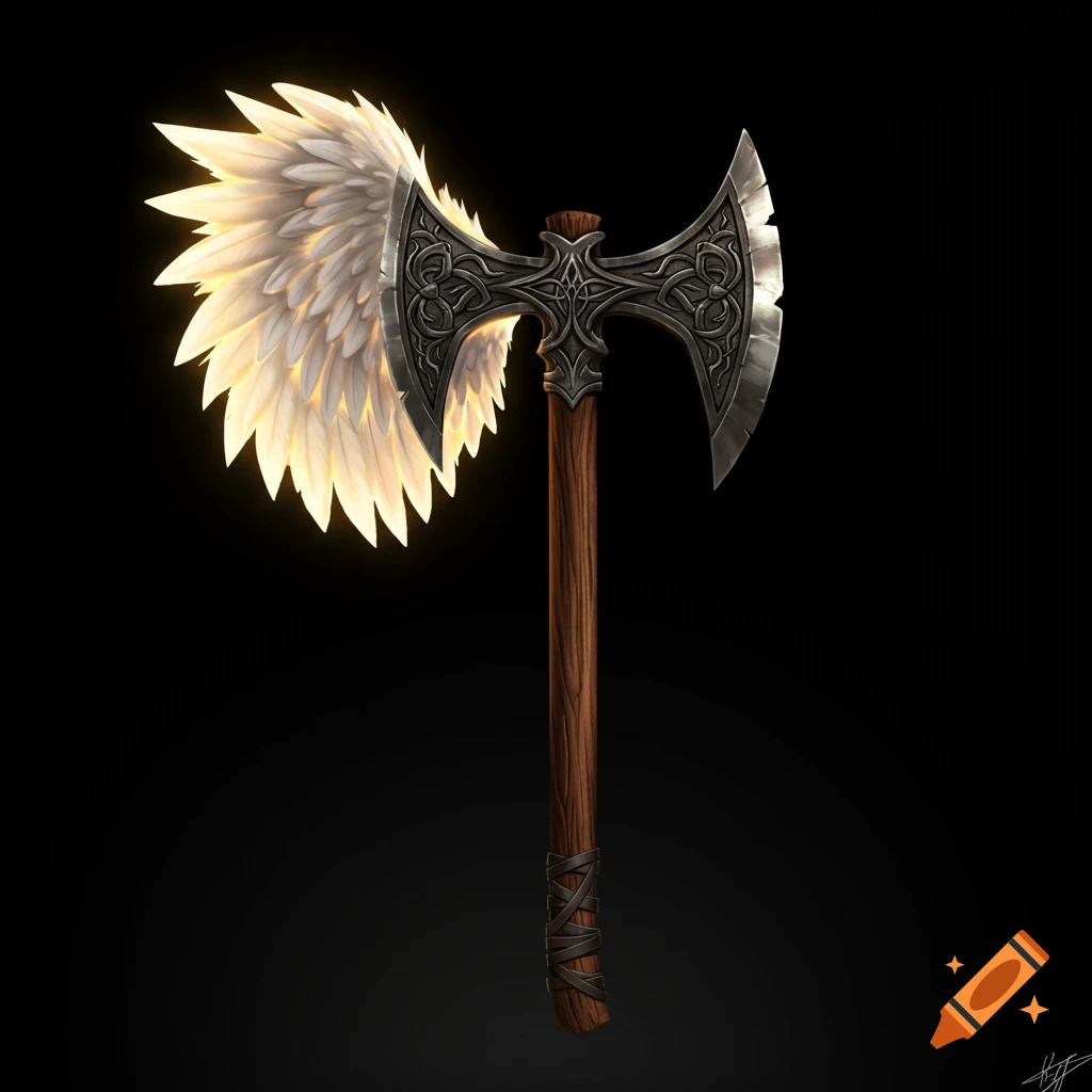 A detailed rendering of a fantasy axe with an angelic wing for one ...