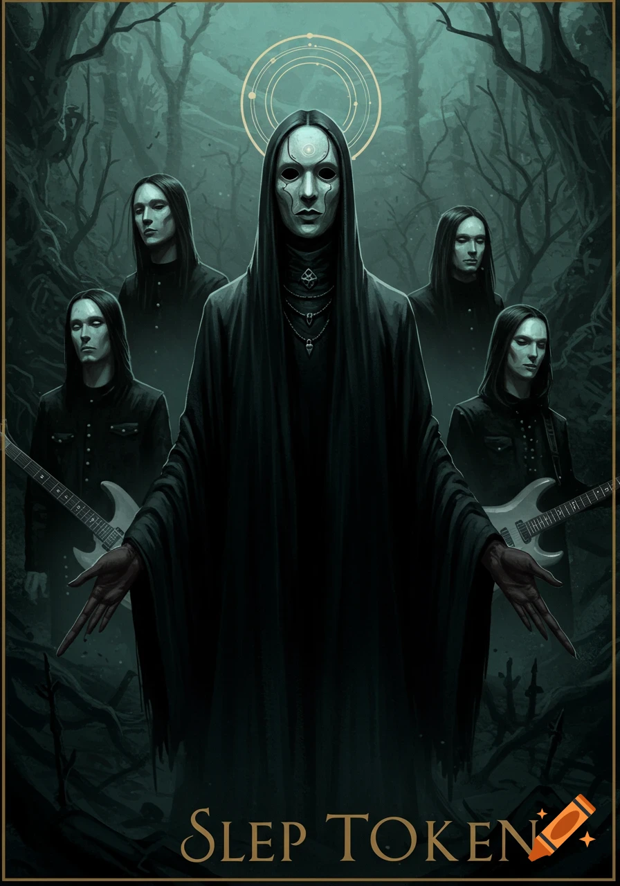 Masked figure in black robe with bandmates holding guitars in a dark ...