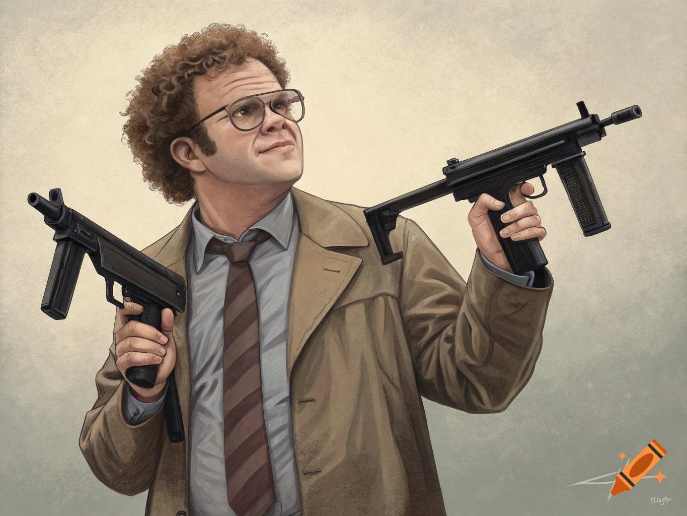 Illustration of a man resembling Steve Brule holding two Tec-9s ...