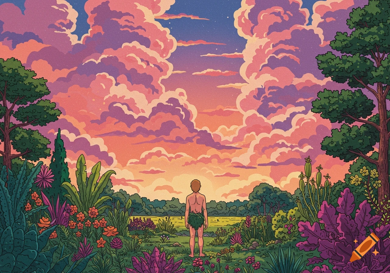 Illustration of Adam standing in the Garden of Eden looking at a sky ...