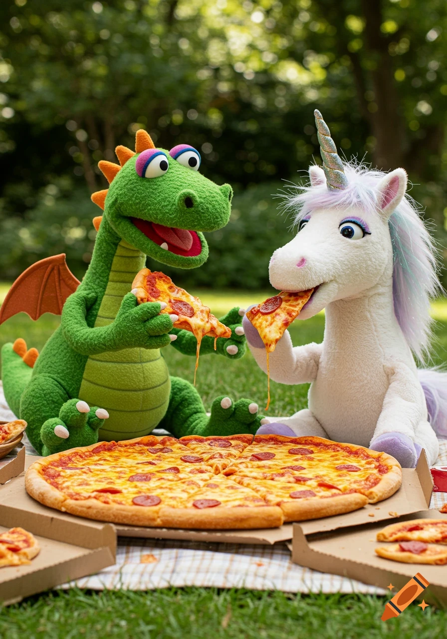 A green puppet dragon and a white puppet unicorn sit on a blanket outdoors, eating pizza. on Craiyon