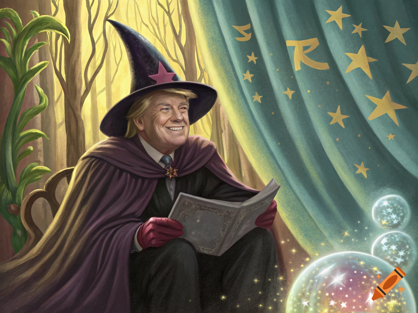 Illustration of Donald Trump dressed as a wizard reading a book, with ...