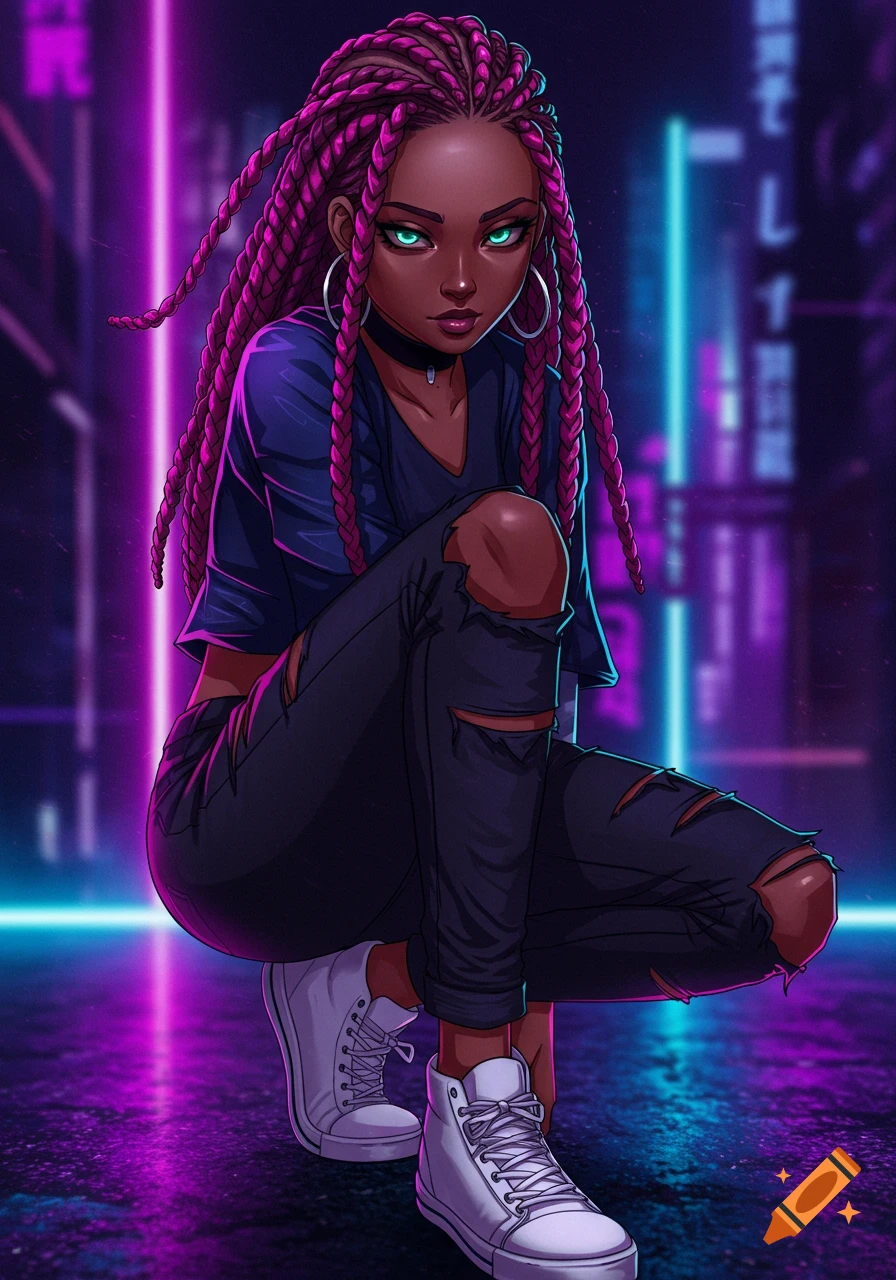 Anime illustration of a girl with pink braids crouching in a neon-lit ...