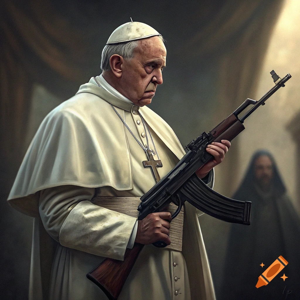 Pope Francis holds an AK47 rifle in a dramatic, photorealistic style ...