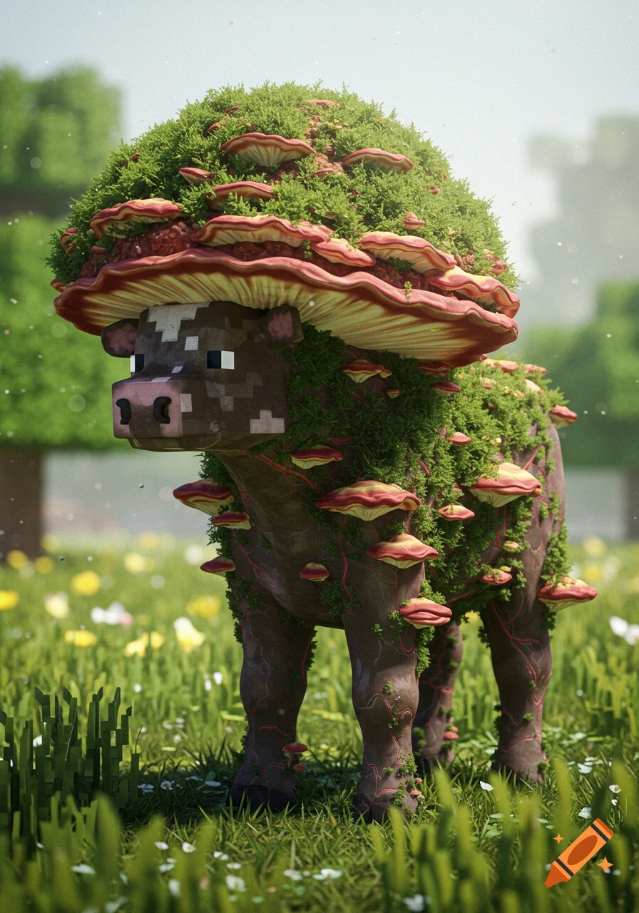 Realistic Minecraft mooshroom stands in a grassy field with flowers on ...