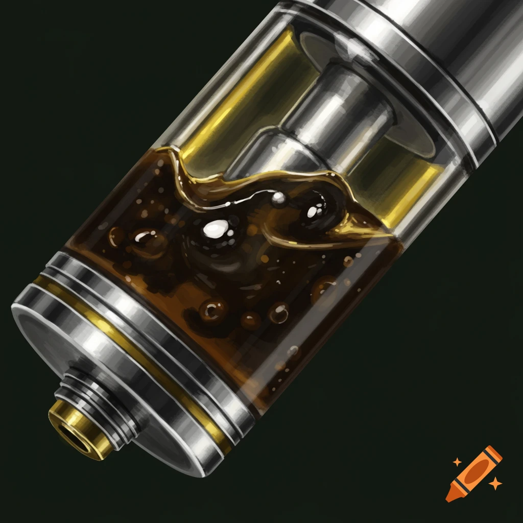 Close-up of a vape cartridge filled with dark oil and bubbles inside on ...