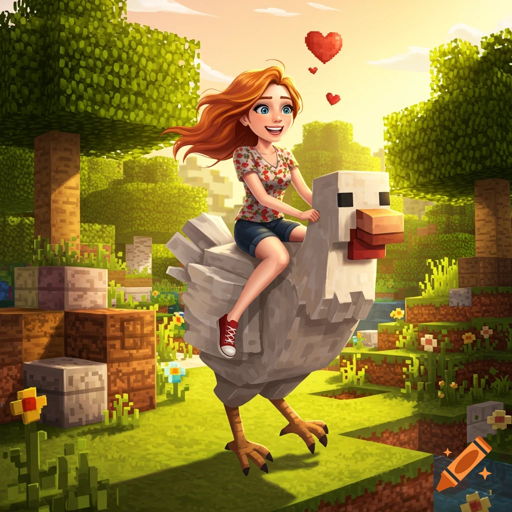 Girl riding a chicken through a sunny Minecraft world on Craiyon