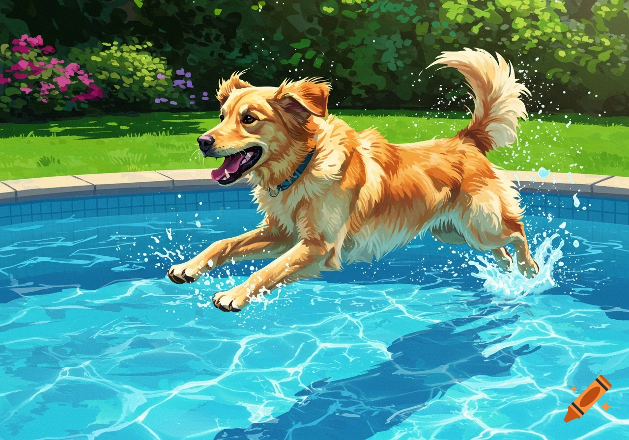 A happy dog jumps into a swimming pool, splashing water. Illustrated ...