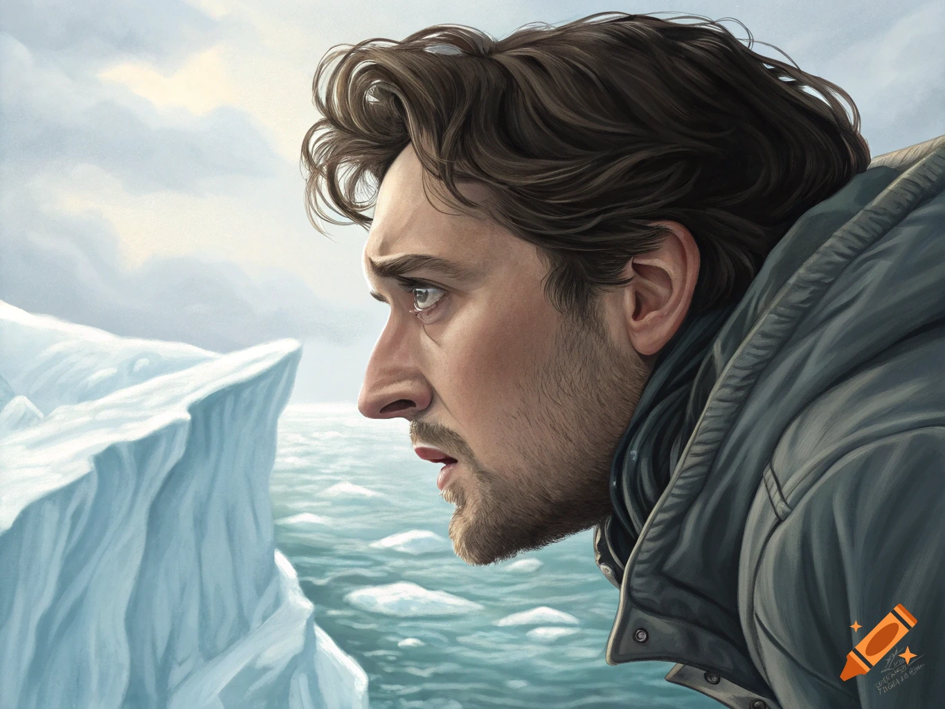 A man in a winter coat looks intently towards a large iceberg and ice ...