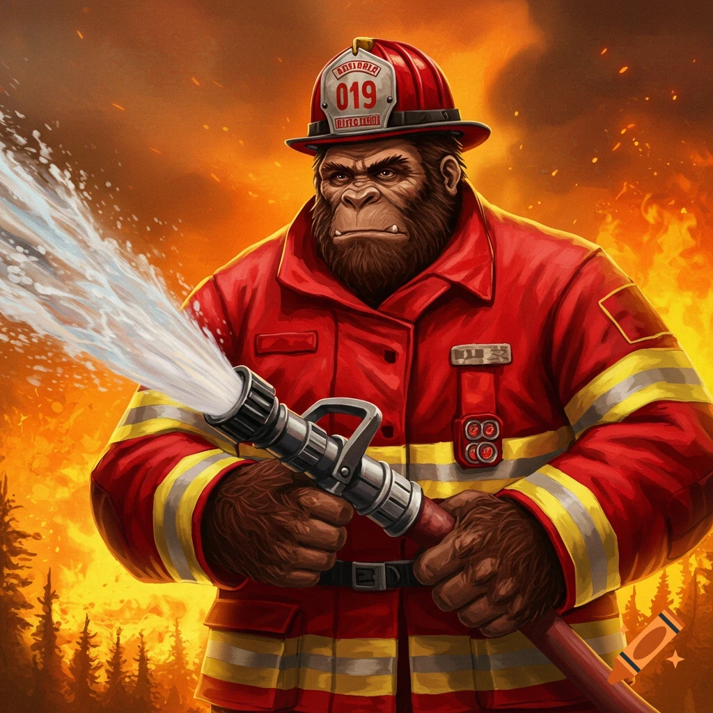 A Bigfoot firefighter holds a hose, spraying water at a large fire ...
