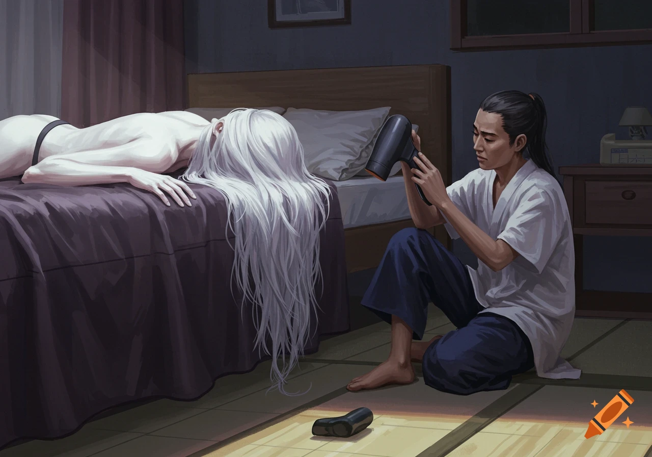 An illustration of a pale person with long silver hair lying on a bed ...