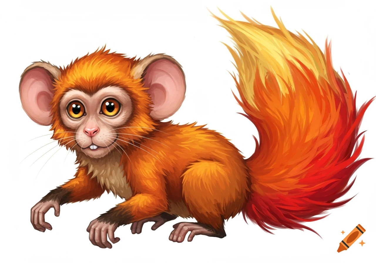 A cartoon fantasy creature resembling a monkey, mouse, and fox hybrid with orange fur and a ...
