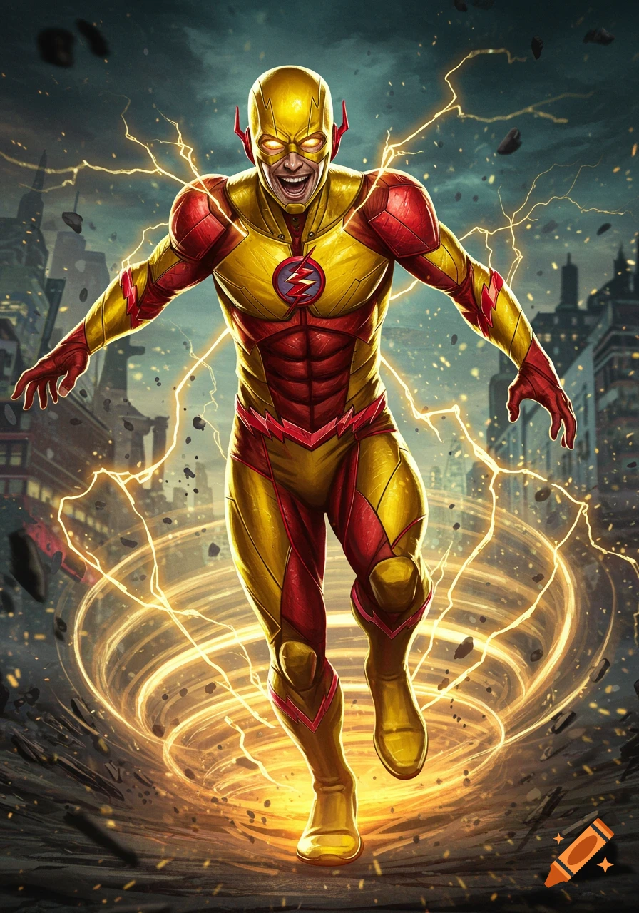 Reverse Flash speeds forward with lightning and a vortex in a city ...