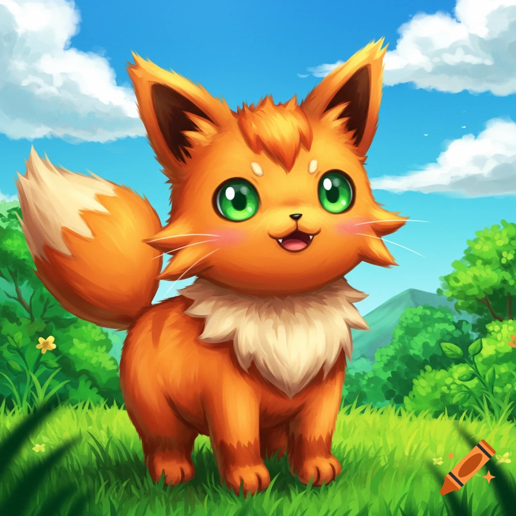 A cute cartoon orange cat-like Pokemon creature stands in a grassy ...