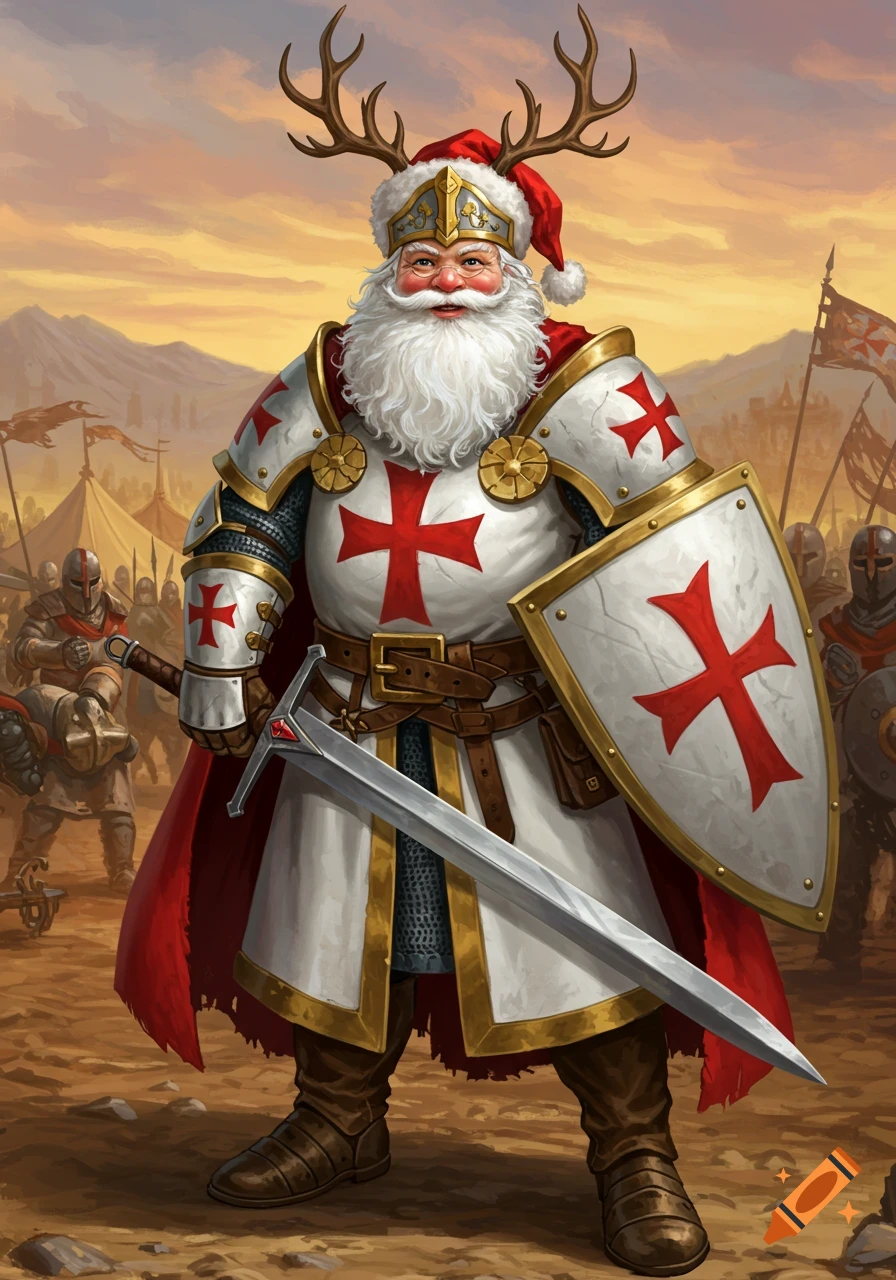 Santa Claus in Crusader knight armor with reindeer antlers stands on a ...