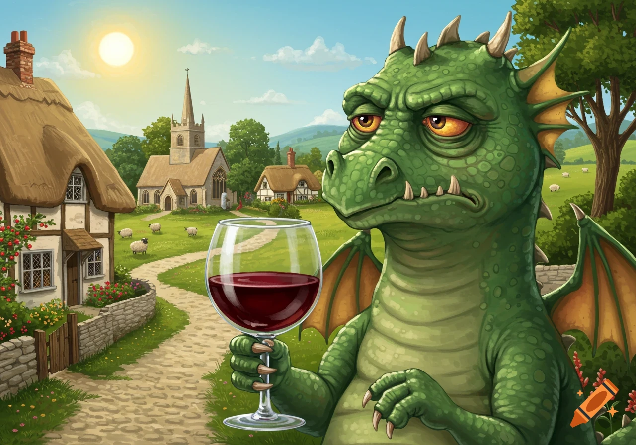 A grumpy green dragon holds a glass of wine in a bucolic English ...