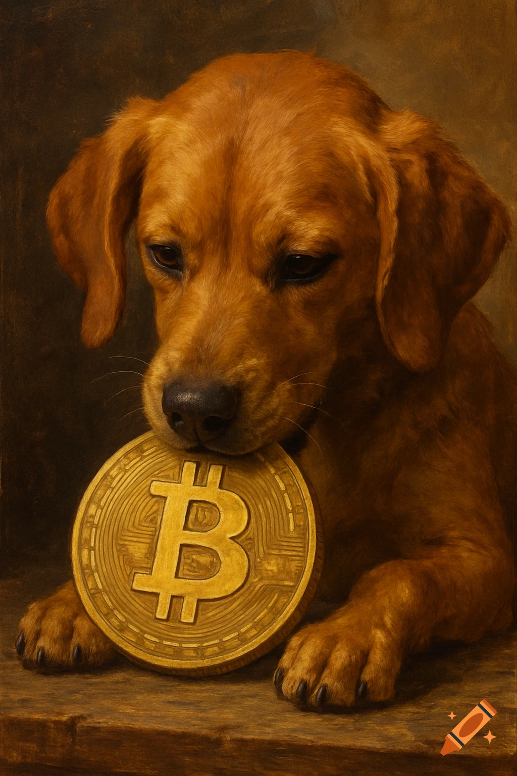 A golden retriever puppy holds a large gold Bitcoin coin in its mouth ...