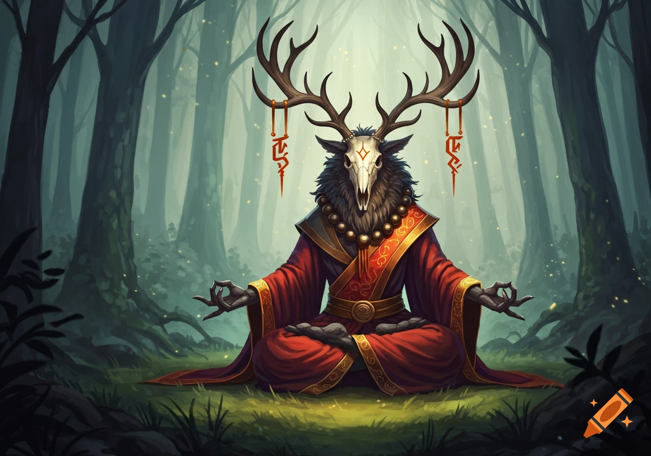 Creature with skull head and antlers wearing a red robe meditating in a ...