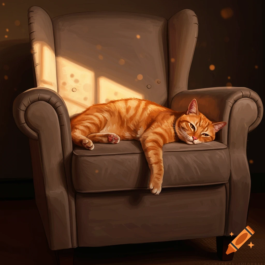 Orange tabby cat sleeping lazily on a brown armchair in sunlight ...