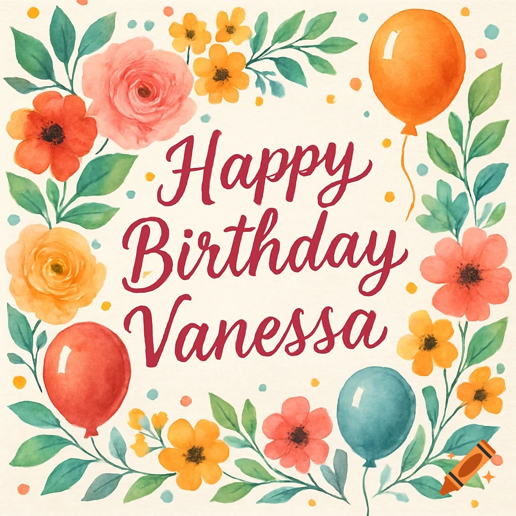 Watercolor birthday card with a floral border, balloons, and "Happy ...