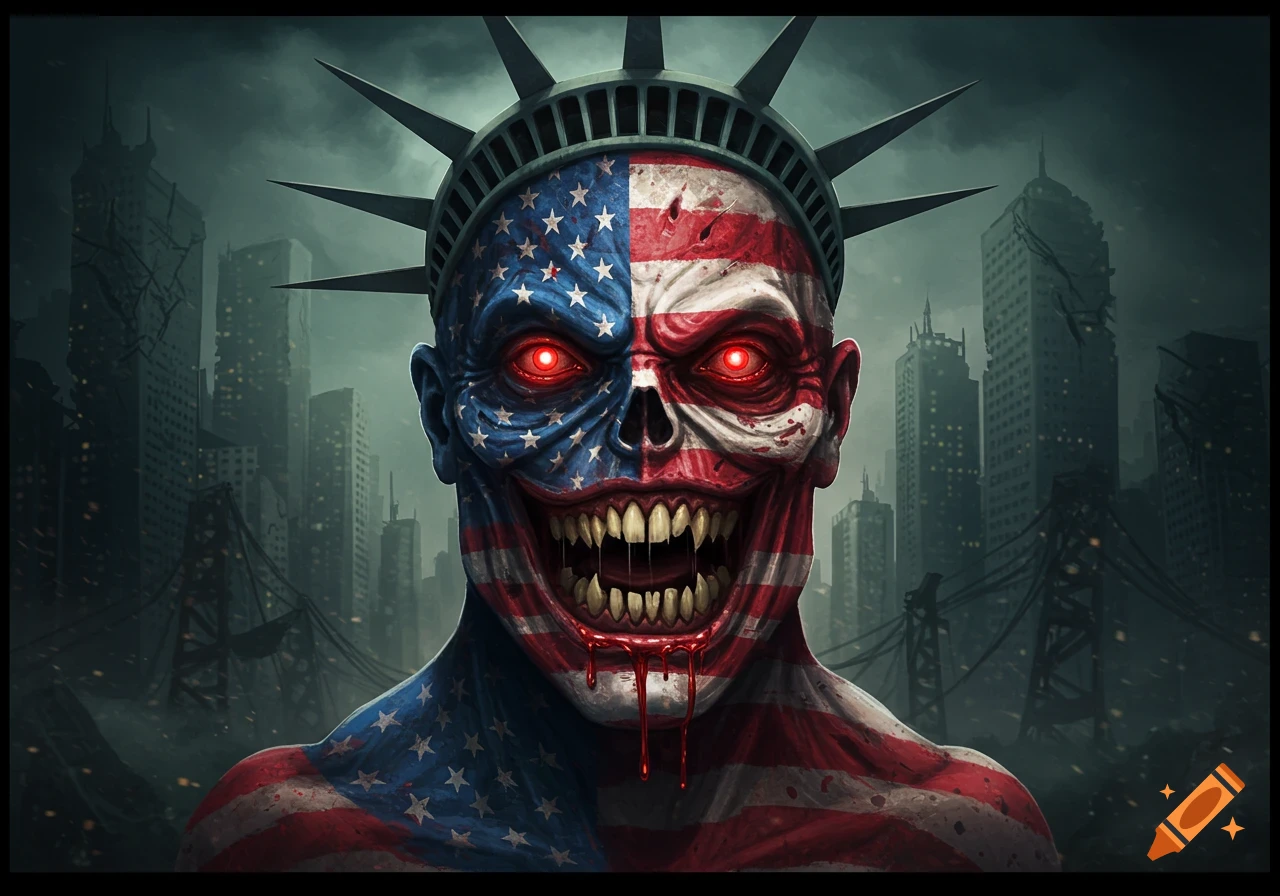 A grotesque zombie face with the US flag painted on it, featuring ...