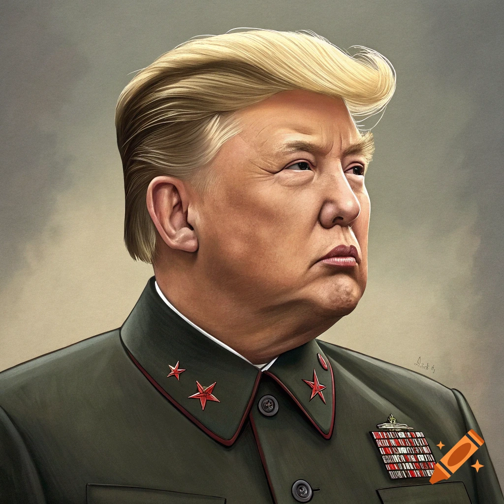 Portrait of Donald Trump's face on a body wearing a dark green military ...