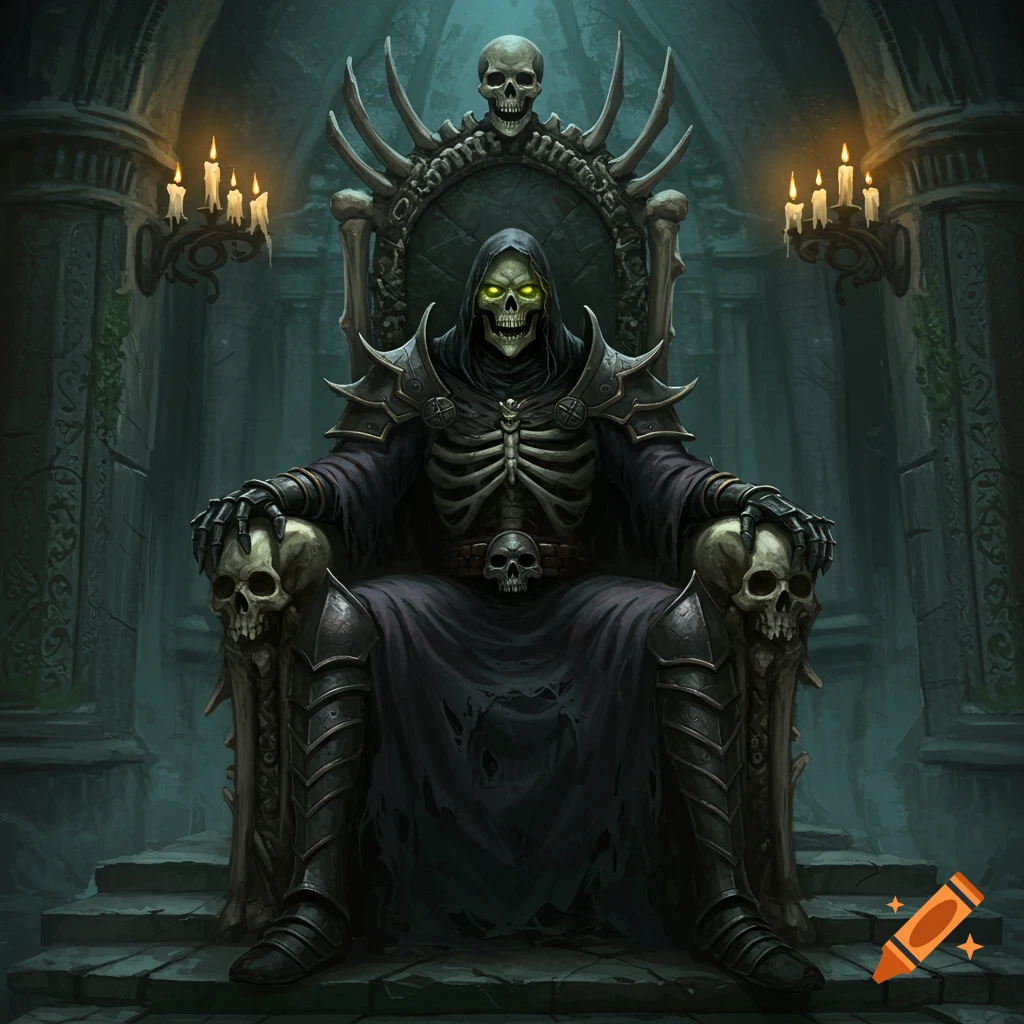 A skeleton king in armor sits on a throne made of bones in a dark ...