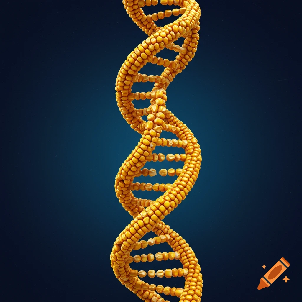 A DNA double helix structure made of corn kernels on a dark blue ...