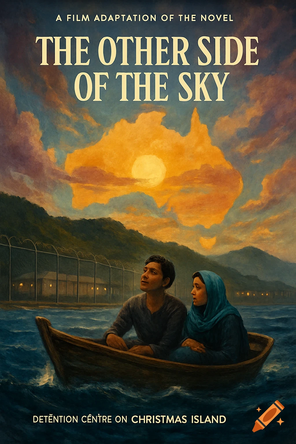 Illustrated film poster for 'The Other Side of the Sky' showing two ...