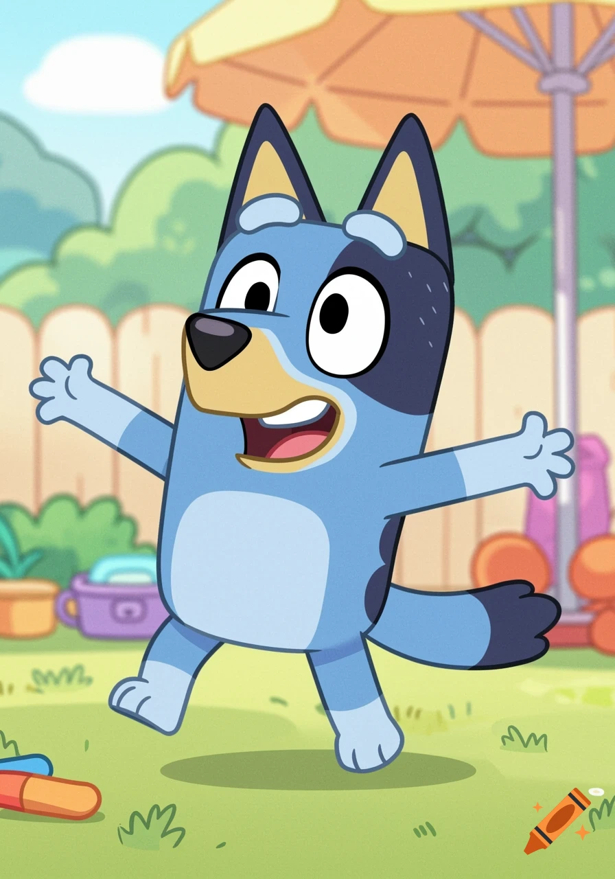 Bluey the cartoon dog stands smiling in a backyard with arms ...