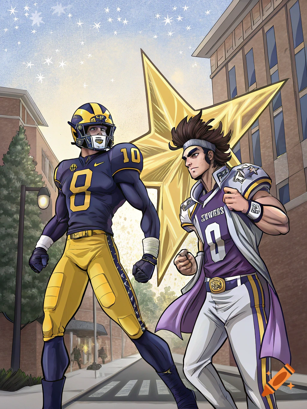 Two muscular figures in stylized sports uniforms stand in a street with ...