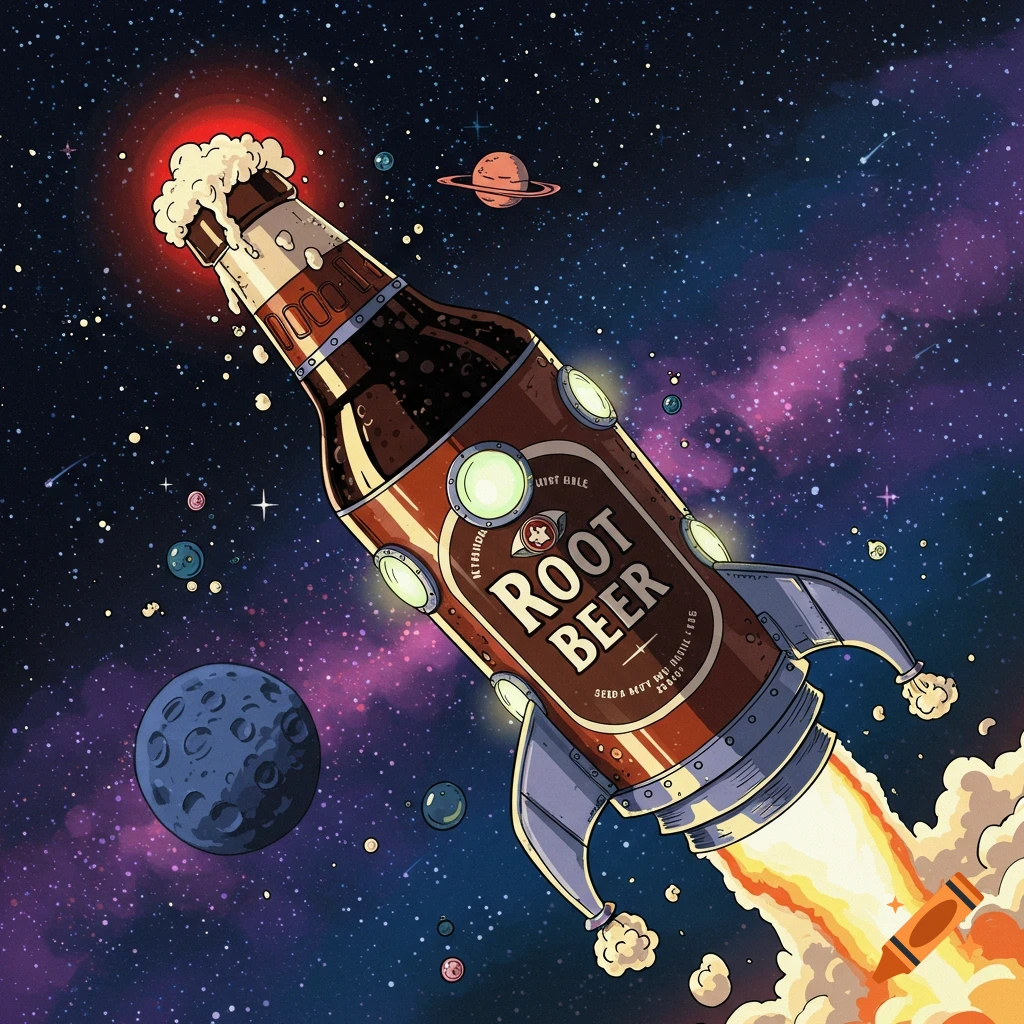 Illustration of a root beer bottle rocket ship flying through space. on ...
