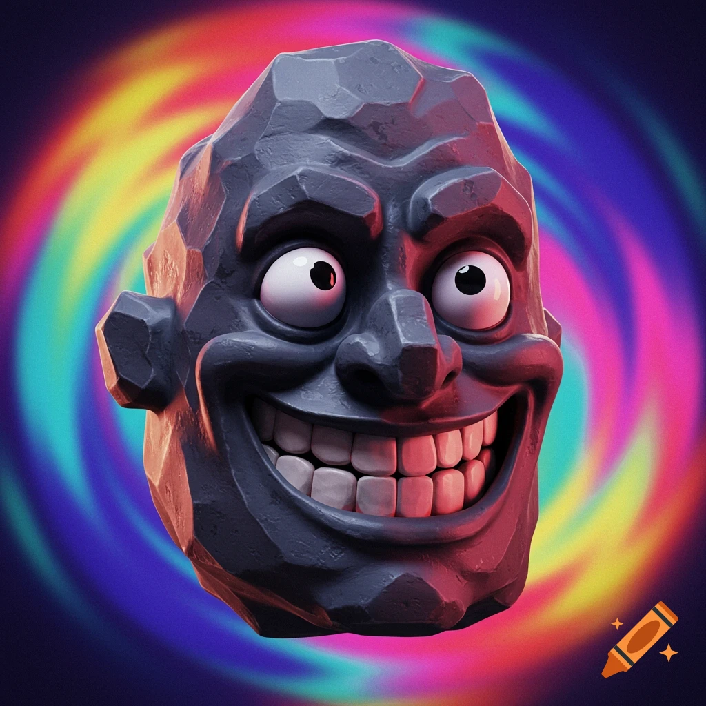 A cartoon rock face with a wide grin against a swirling rainbow ...