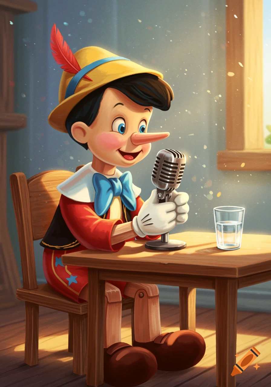 Pinocchio sitting at a table holding a microphone next to a glass of water. on Craiyon