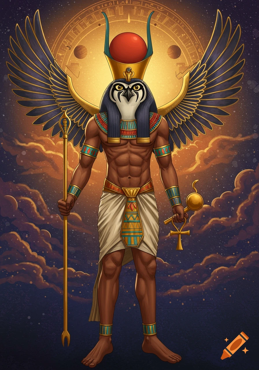 Stylized illustration of the Egyptian god Horus in human form with a ...