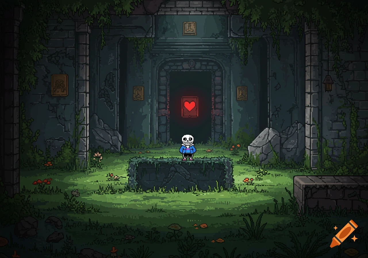 Pixel art of Sans from Undertale standing in the Ruins with a glowing ...