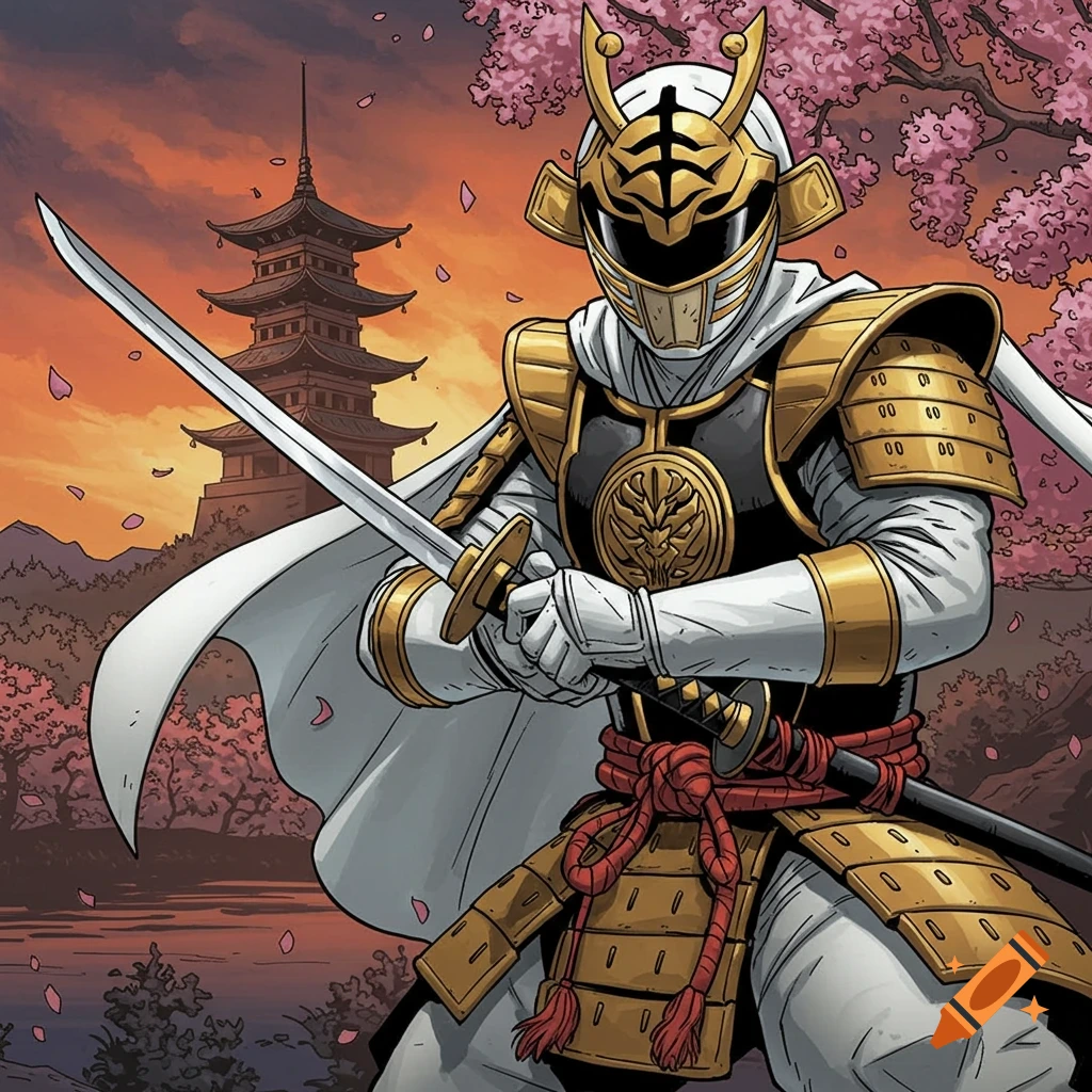 White Power Ranger in samurai armor holds a sword in front of a pagoda ...