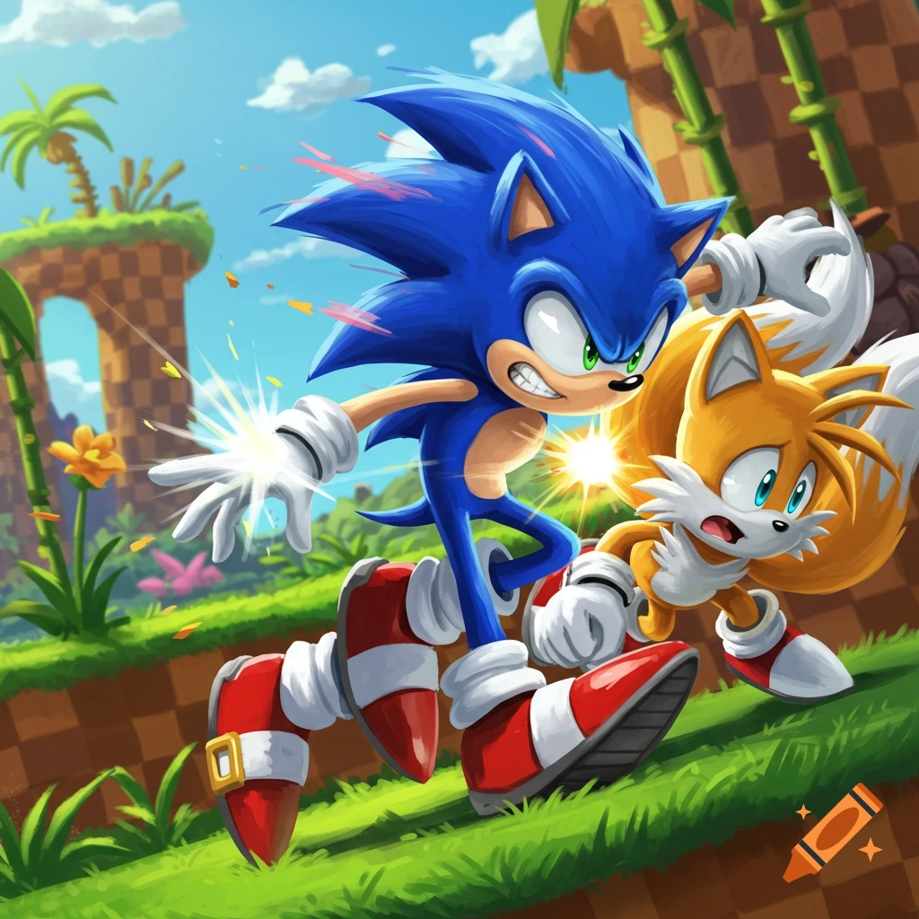 Sonic and Tails running together in a dynamic illustration style with ...