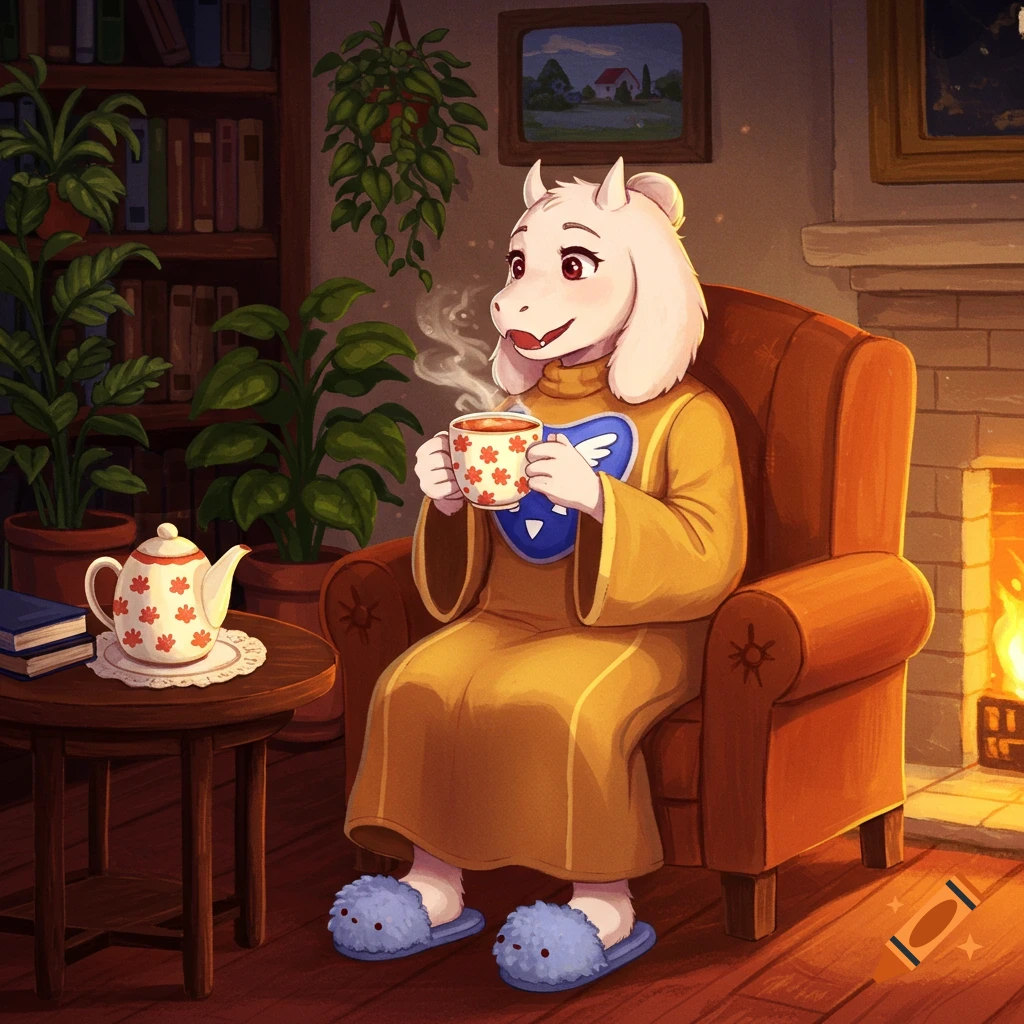 Toriel from Undertale sits in a chair by a fireplace, drinking tea in a ...