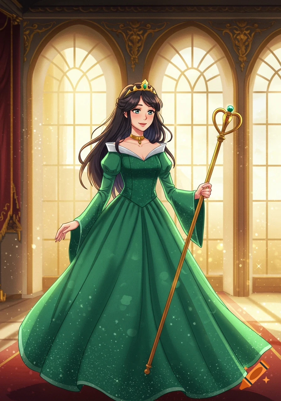 Anime girl in a green princess dress holds a scepter in a sunlit palace ...