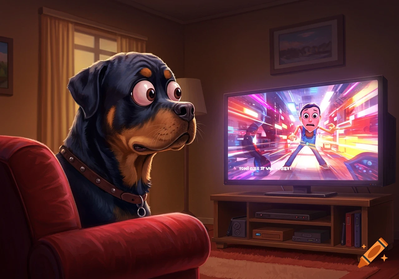 Cartoon Rottweiler dog with large eyes watching TV in a living room on ...