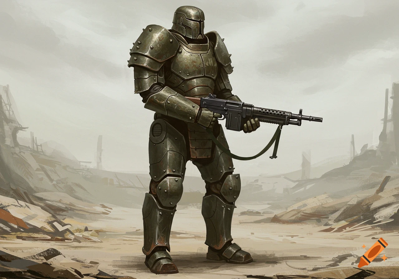 Heavily armored soldier stands in a war-torn wasteland holding a ...