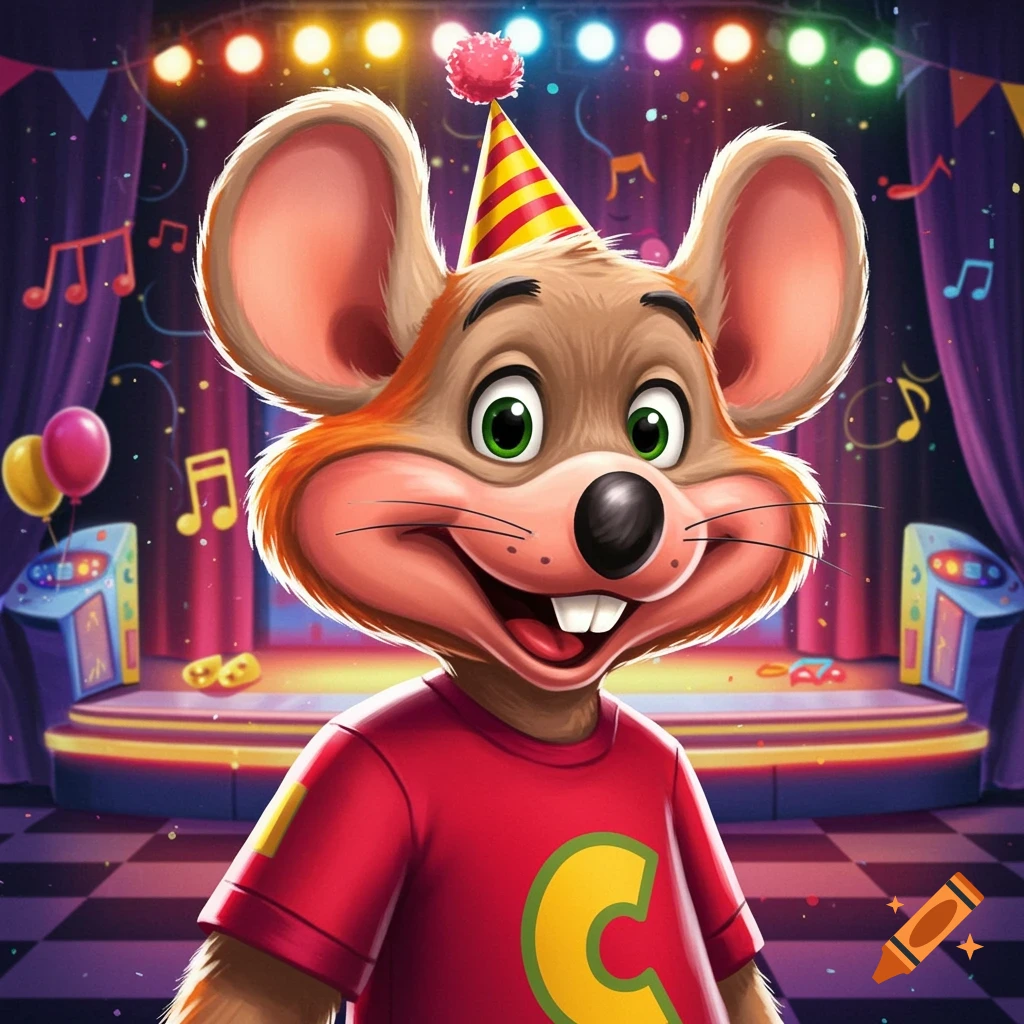 Cartoon mouse wearing a party hat and red shirt with a 'C', standing on ...