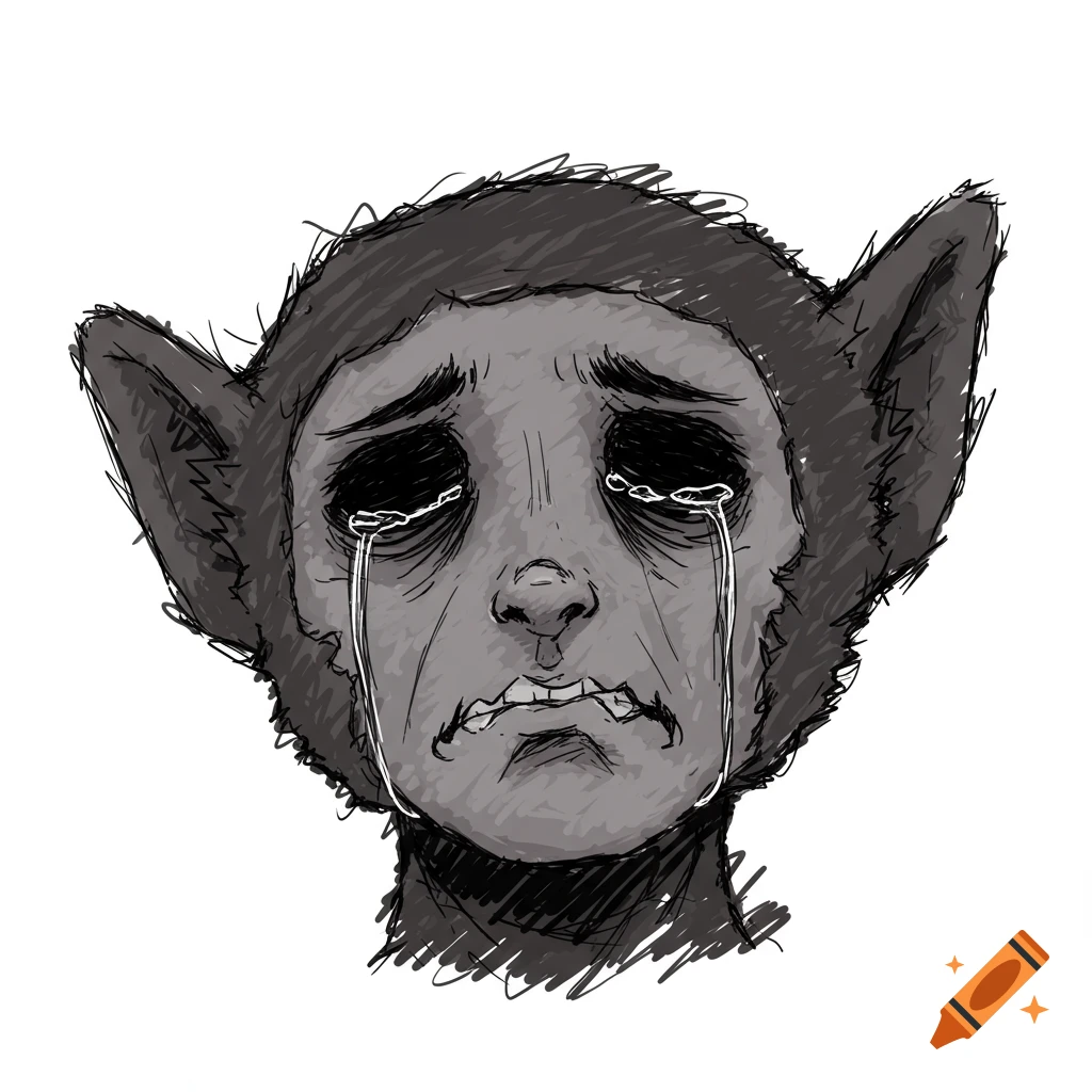 Scribbled sketch of a withered, sad creature's head crying on Craiyon