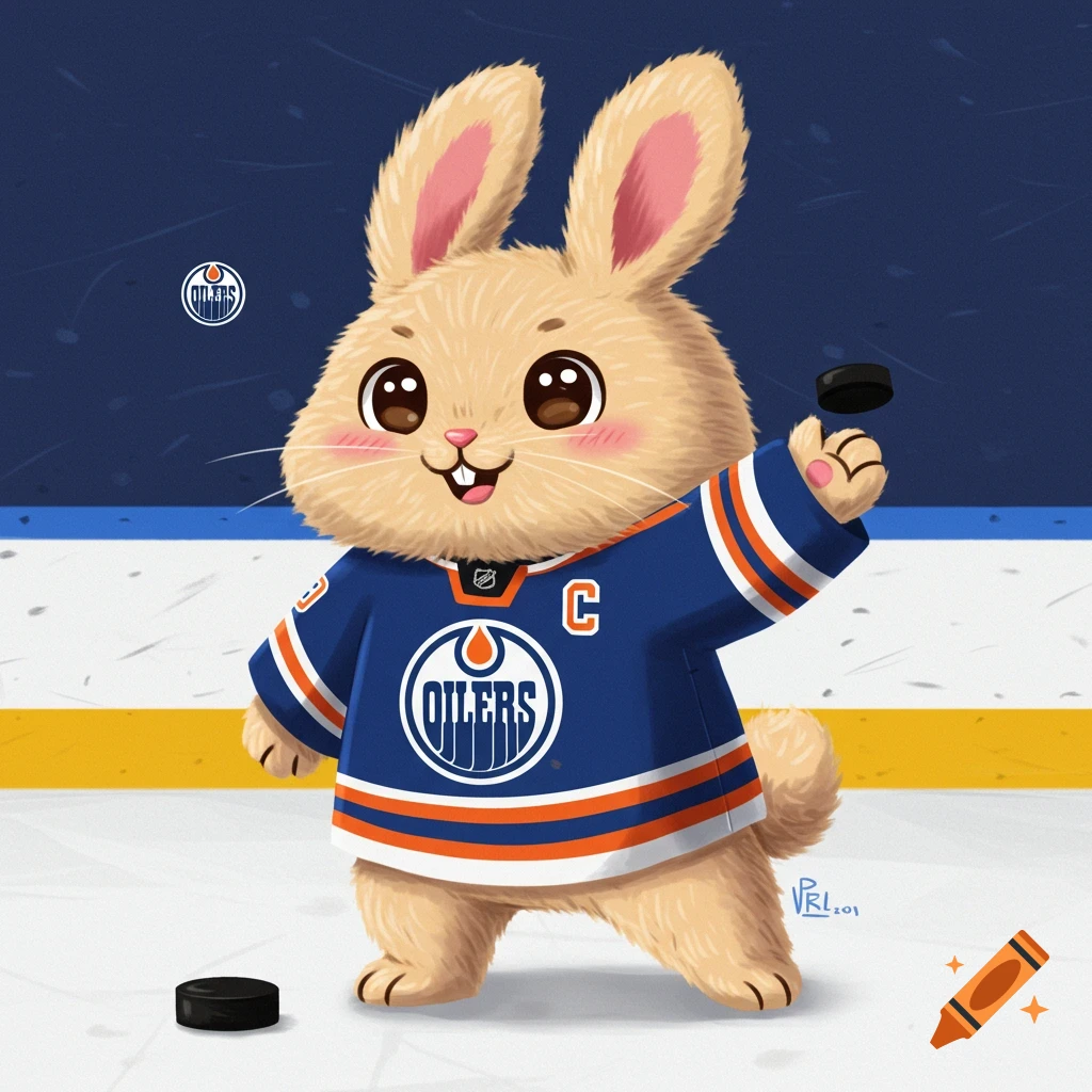 A cute cartoon bunny wears an Edmonton Oilers hockey jersey and holds a ...