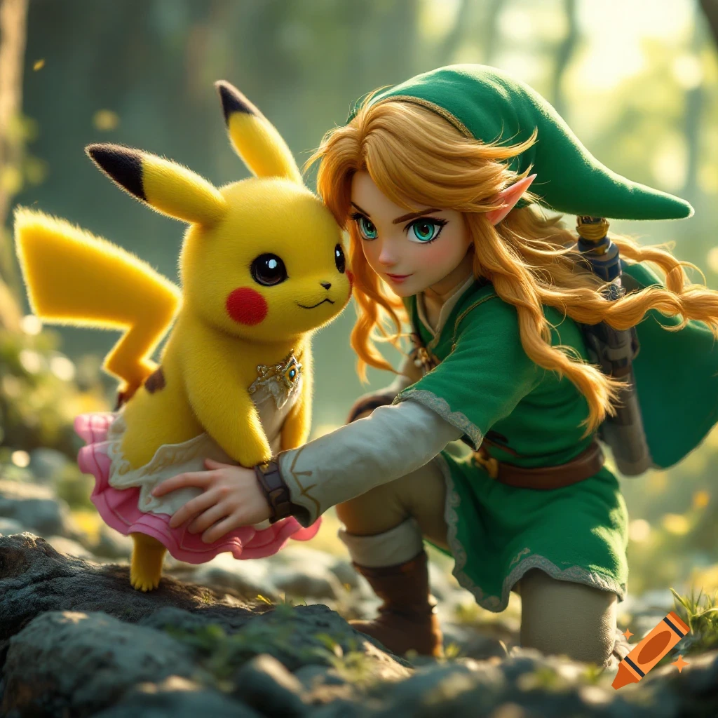Link from Zelda kneeling next to Pikachu in a forest on Craiyon
