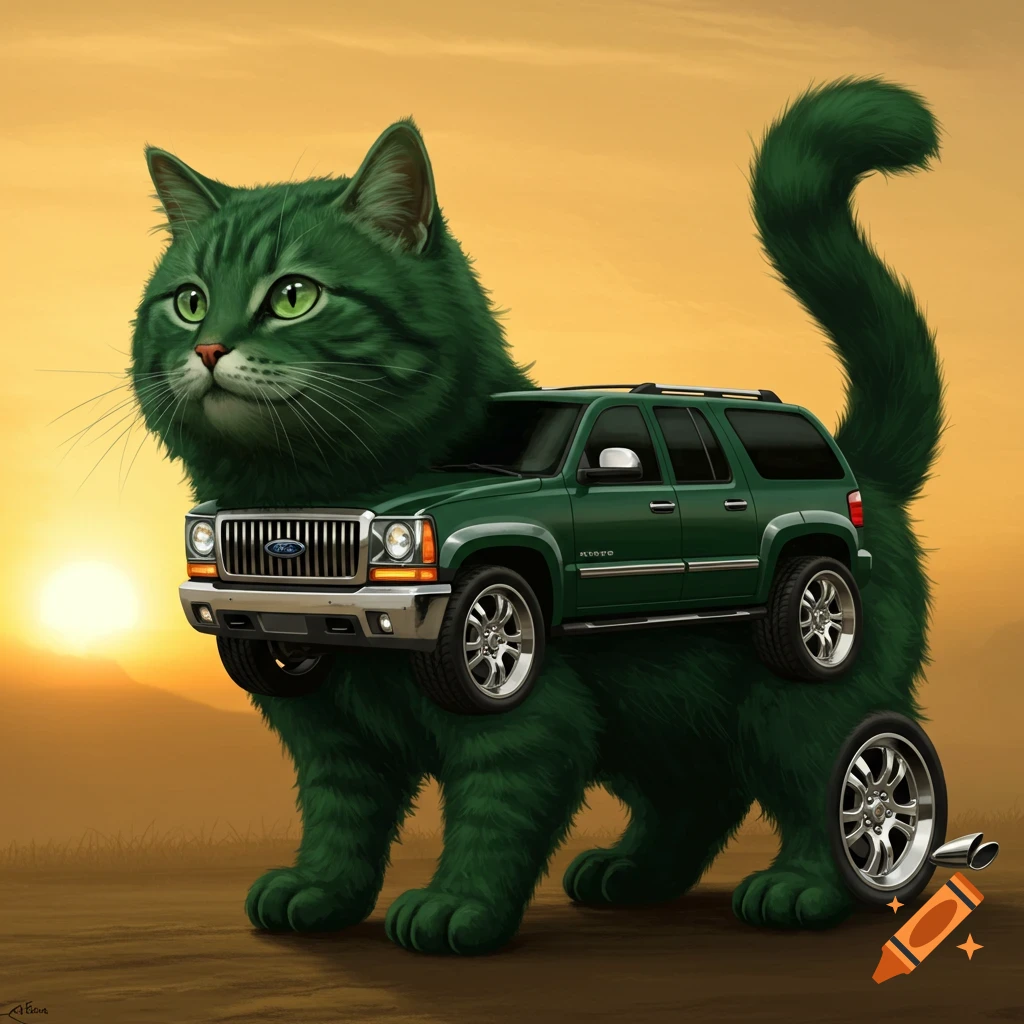 A large green furry cat-like creature with an SUV body stands in a ...