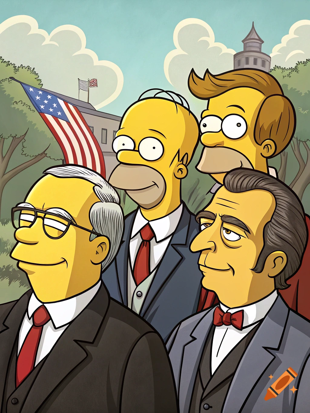 Simpsons style cartoon of men in suits standing in front of a building ...