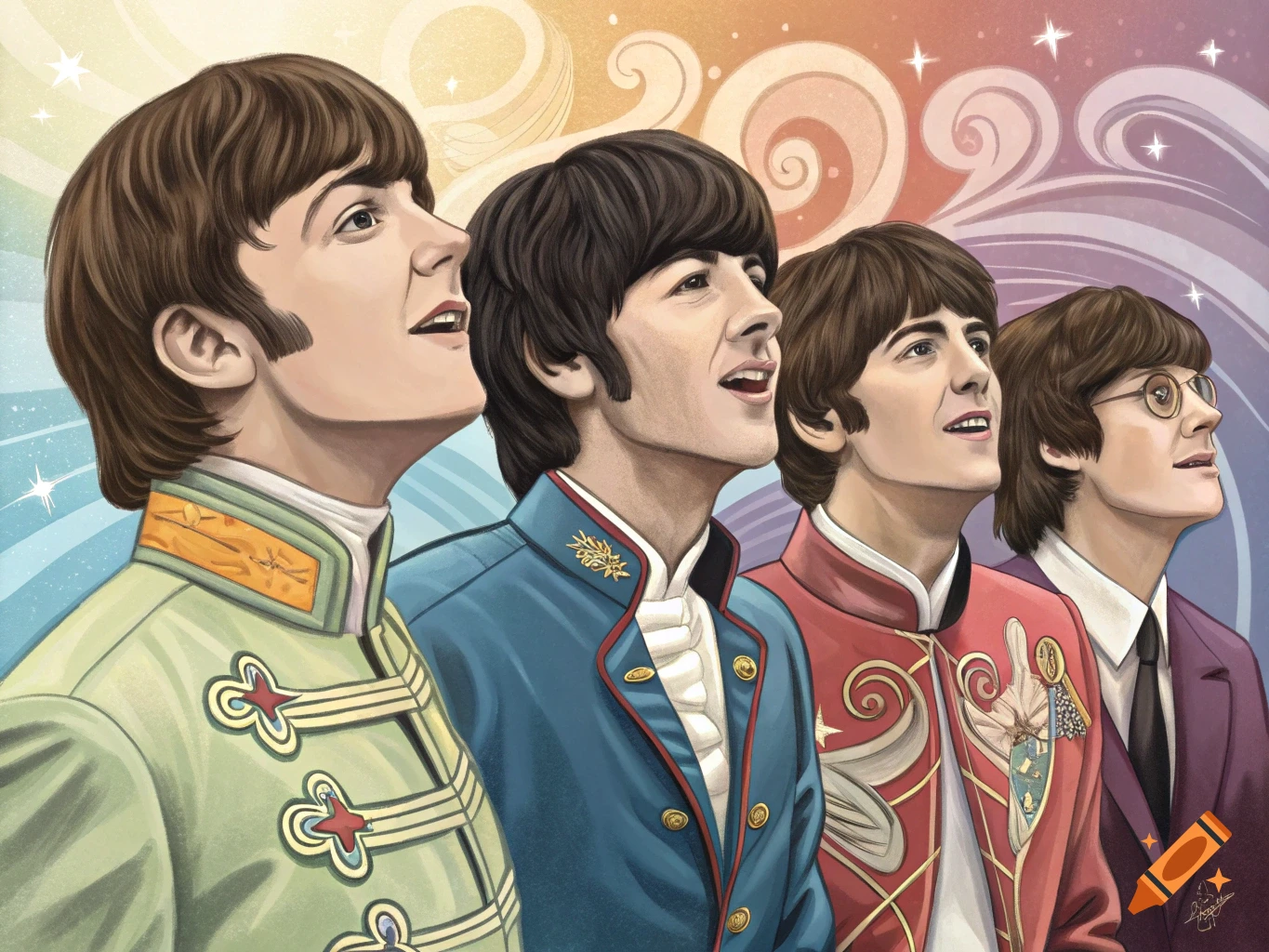 Illustration of four figures resembling the Beatles in colorful jackets ...