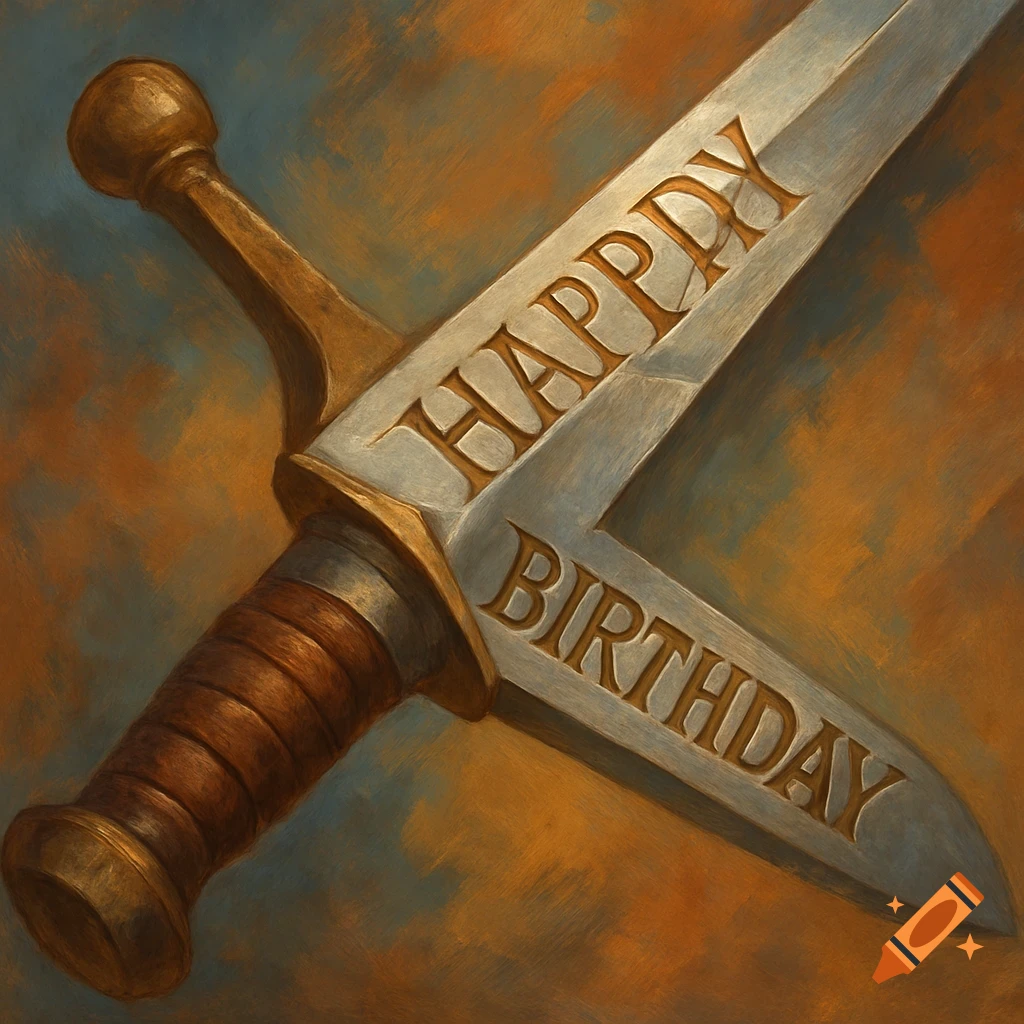 A sword with 'Happy Birthday' engraved on the blade, in a fantasy art ...